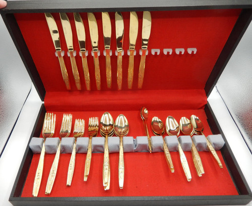 Vtg 50 pcs Orleans Silver Stainless Korea Gold Tone Flatware & Box ...