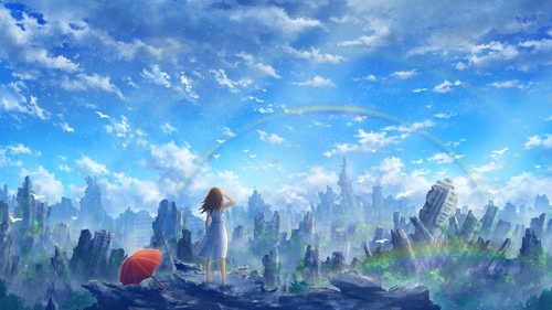 Anime city building sky rainbows girls post apocalypse Playmat Game Mat ...