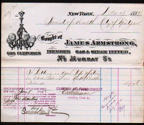 1884 Plumber Gas & Steam Lights - James Armstrong - New York - Letter ...