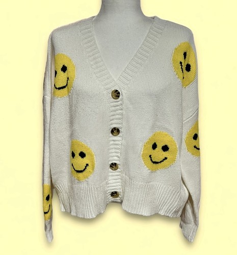 Smiley Face Cardigan White Knit Oversized Button-Up Sweater Juniors Sz ...