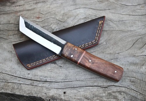 Handmade Carbon Steel Fixed Tanto Blade Knife Wood Handle With Leather ...