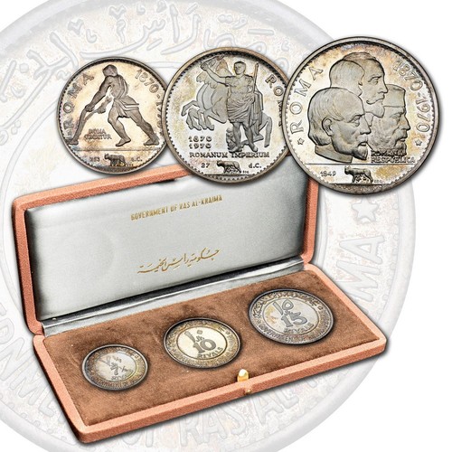 RAS AL KHAIMAH 1970 Silver Proof Set Centennial of Rome w/ Case RAINBOW ...