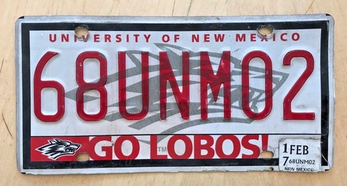 NEW MEXICO UNIVERSITY OF NM LOBOS COLLEGIATE LICENSE PLATE " 68 UNM 02 ...