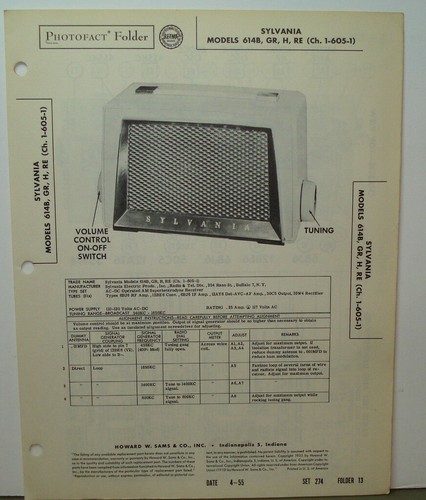 SAMS PHOTOFACT FOLDER 274-13 SYLVANIA RADIO MODELS 614B, GR, H, RE, CH ...