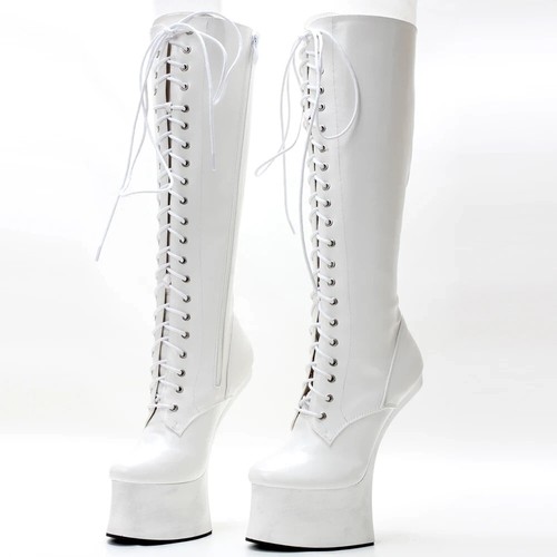Women Boots White Knee High Hoof Heeless Boots Ultra High Ponyplay ...