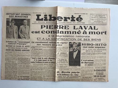 Journal La Liberte 10 Oct. 1945 "Pierre Laval Is Sentenced To Death" | eBay