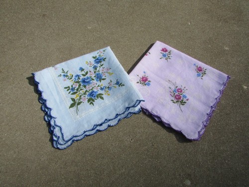 Vintage Lot of 2 Scalloped Edge Cotton Handkerchief Hanky 10.5" Purple ...