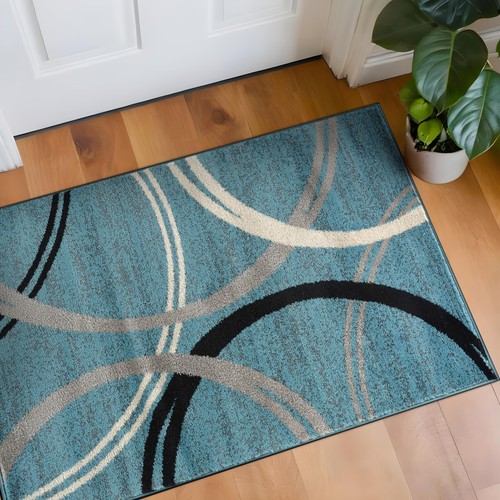 27 x 4 Blue Modern Accent Rug, Wavy Circles Design, Fade-Resistant ...