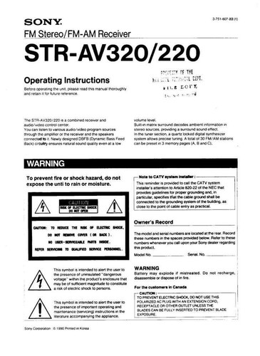 Sony STR-AV320 STR-AV220 AV Receiver Owners Manual | eBay
