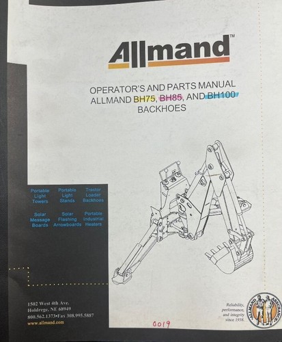 OPERATOR AND PARTS MANUAL FOR ALLMAND BH75, BH85, BH100 BACKHOE | eBay