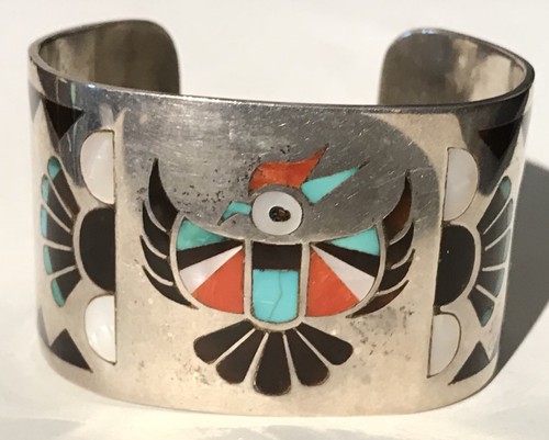 VINTAGE LOLITA NATACHU ZUNI INDIAN SILVER INLAY STONES THUNDERBIRD CUFF ...