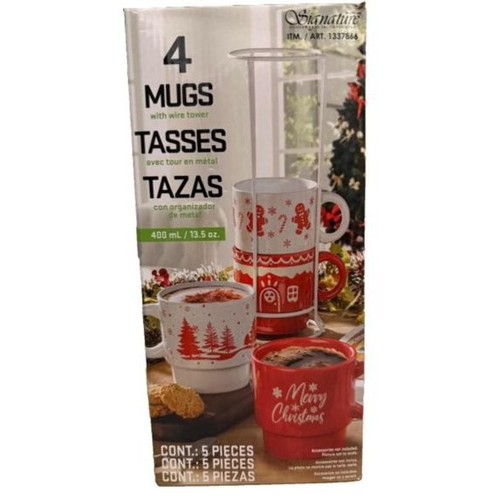 SIGNATURE HOUSEWARES S/4 HOLIDAY STONEWARE MUGS W/ WHITE WIRE TOWER ...