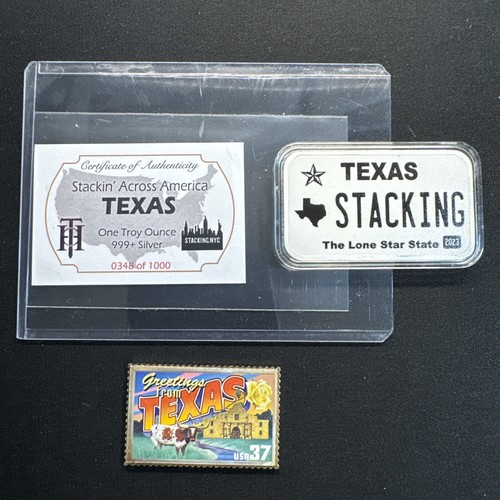 1 oz Stacking Texas License Plate Silver Bar W/ 1oz USPS Texas Stamp ...