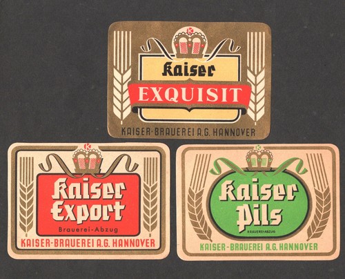 3 Kaiser beer label, Exquisit, Export & Pils, Hannover, Germany, 1950s ...