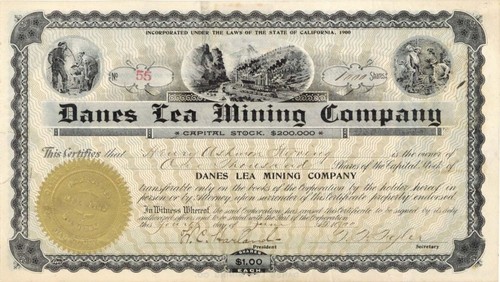 Danes Lea Mining Co. - 1900 and 1907 dated Stock Certificate - Mining ...