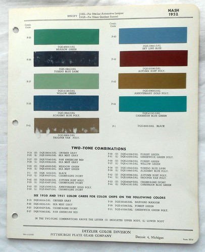 1952 NASH PPG COLOR PAINT CHIP CHART ALL MODELS ORIGINAL | eBay