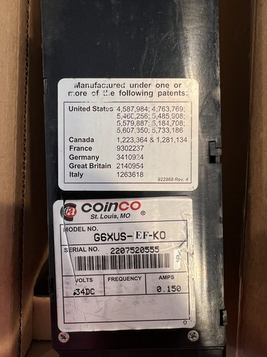 CoinCo Guardian 6 Tube Coin Mechanism Snack / Soda Vending Refurbished ...