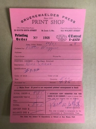 Patti Waggin Pink Print Shop Receipt St Louis, Mo. for Business Cards ...