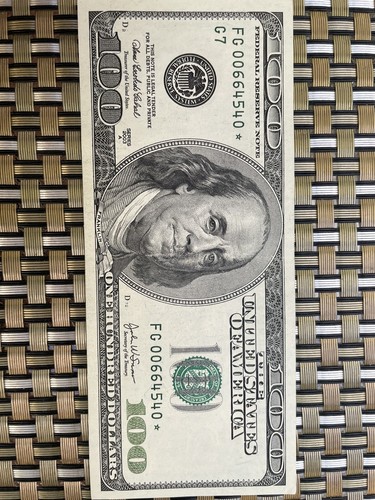 $100 US Federal Reserve Star Bank Note FG 00664540* Low Number Bill ...