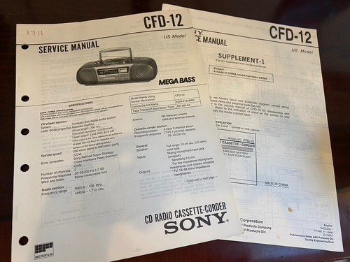SONY CFD-12 CFD12 SUPPLEMENT & Service Manual FROM THE USA *ORIGINAL ...