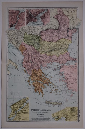1910 ORIGINAL MAP TURKEY IN EUROPE RUMANIA SERVIA MONTENEGRO GREECE ...
