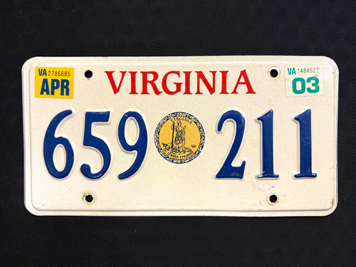 2003 Virginia License Plate 659-211 ... STATE SYMBOL SEAL (SIC SEMPER ...