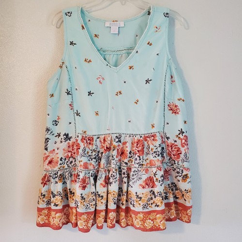 Bunulu Top Womens 1X Blue Floral Sleeveless Boho Tunic Rayon Summer ...