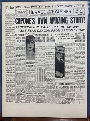VINTAGE NEWSPAPER HEADLINE ~SCARFACE AL CAPONE ~GANGSTER HYMIE WEISE ...