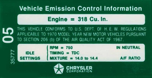 1970 Mopar 318-2V After 1/70 with Manual Transmission Emission Decal ...