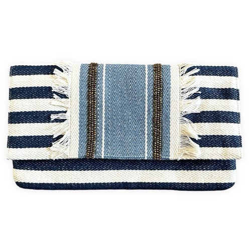 Roberta Roller Rabbit Fringe Denim Envelope Clutch Beaded Boho Striped ...