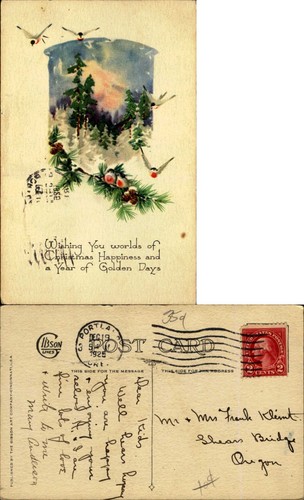 Christmas birds pine branch winter scene Gibson Art 1925 SHERARS BRIDGE ...