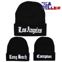 Compton Beanie Cuffed Knit Los Angeles City Black and White Eazy E Long ...