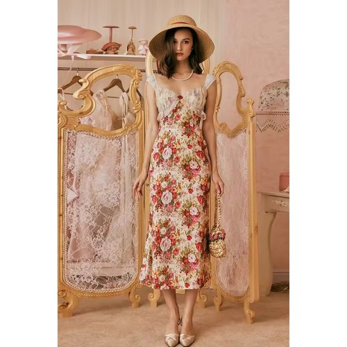 Weird Puss Flower Print Maxi Dress Women Mesh Patchwork V-Neck 3d Rose ...