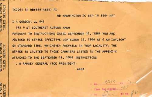 Sept 18, 1964 Telegram Authorizing Strike by "Carriers" on Sept. 22 ...