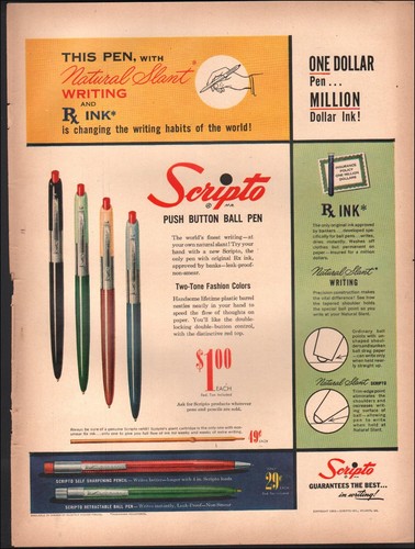 1954 Vintage ad Scripto Push Button Ball Pen Price writing utensil 1/02 ...