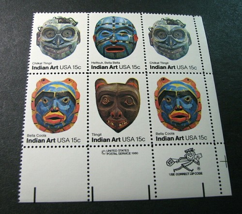 U.S. Blocks Stamps Scott# 1834-37 Indian Masks 1980 Blk of 6 W/Mr. Zip ...