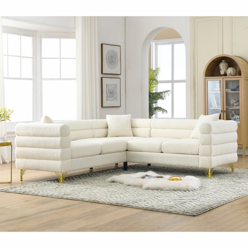 White L-Shaped Velvet Sectional Sofa, 5-Seater Corner Couch with 3 ...