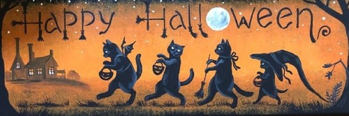 12X4 PRINT OF PAINTING RYTA OWL WITCH HALLOWEEN BLACK CAT TRICK OR ...