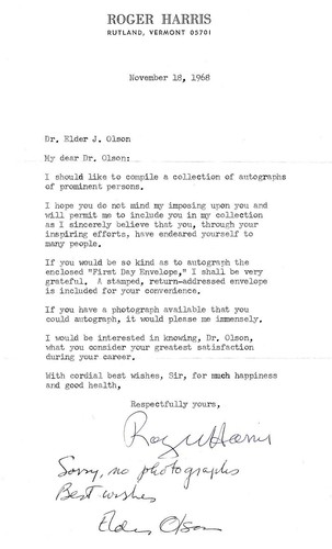 Elder J. Olson - Signature on a fans letter (American poet and teacher ...
