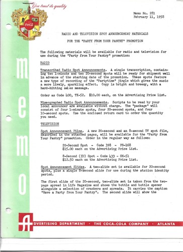 COCA-COLA MEMO ADV. DEPT. LETTERHEAD DATED February 11, 1958 | eBay