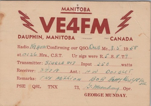 vintage amateur ham radio QSL postcard VE4FM George Munday 1958 Dauphin ...