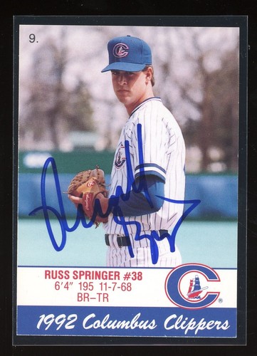 1992 Columbus Clippers RUSS SPRINGER Signed Card autograph AUTO YANKEES ...