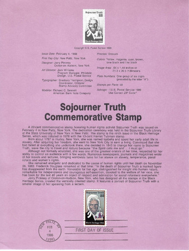 US Scott#SP743 (2203) 22c Sojourner Truth single Souvenir Pages NH 1986 ...
