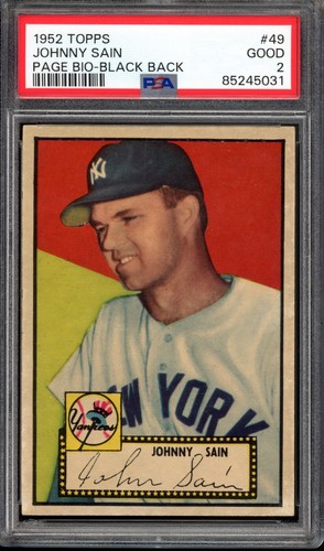 1952 Topps #49 Johnny Sain PSA 2 Black Back Error - Page Bio Baseball ...