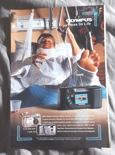 1999 print ad-Olympus Cameras D-450 Zoom & D-340R. Skateboard Accident ...