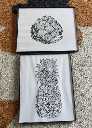 Set of Two 8”x10” Black Hand Drawn Pineapple & Artichoke Signed Art ...