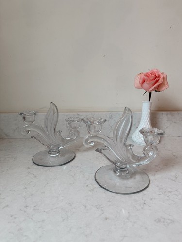 MCM PAIR CLEAR DOUBLE CANDLESTICKS by DUNCAN MILLER CANTERBURY FLAME ...
