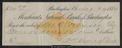 BANK CHECK RN-G1 Burlington, Vermont. Merchants National Bank of ...