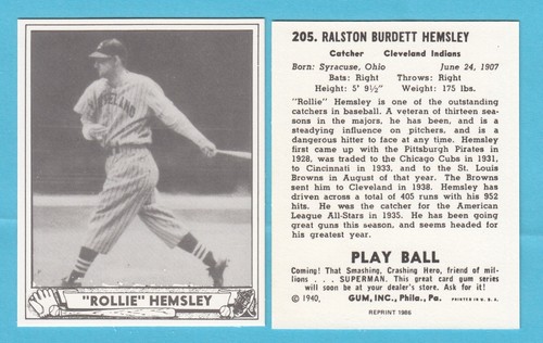 1940 Playball Reprint # 205 Rollie Hemsley -- Cleveland indians Box 129 ...