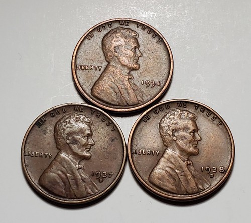 1934 P 1937 D 1938 D LINCOLN WHEAT PENNY 3 COIN SET #C7668 | eBay
